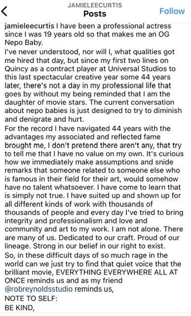 Jamie Lee Curtis Chimes In On The Nepo Baby Convo