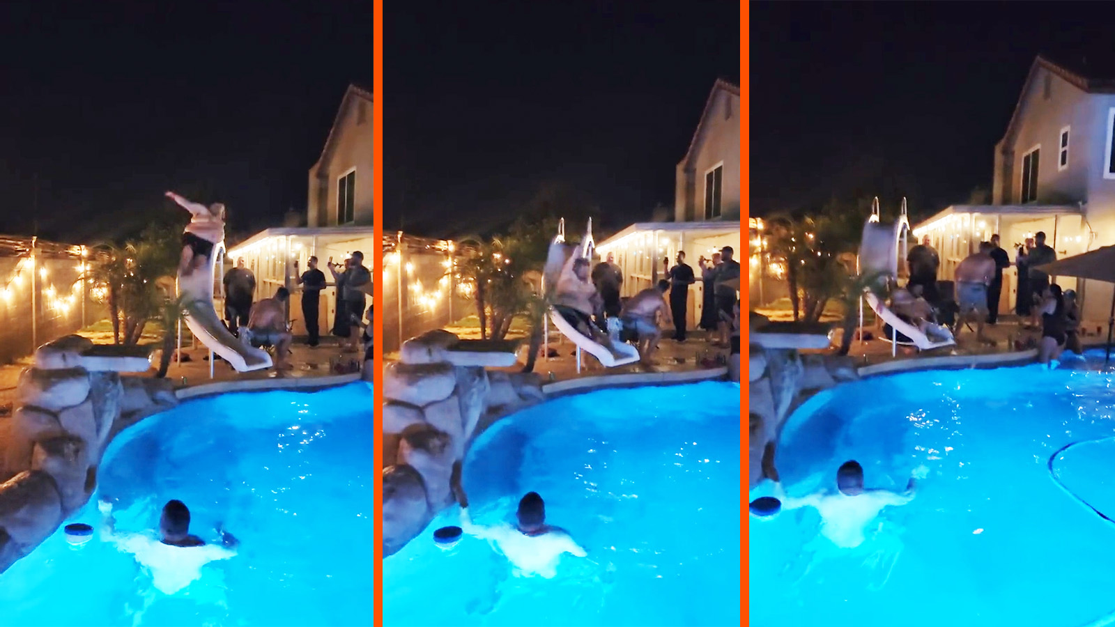 Eager Partygoer Doesn't Make it From The Top of The Slide to The Pool