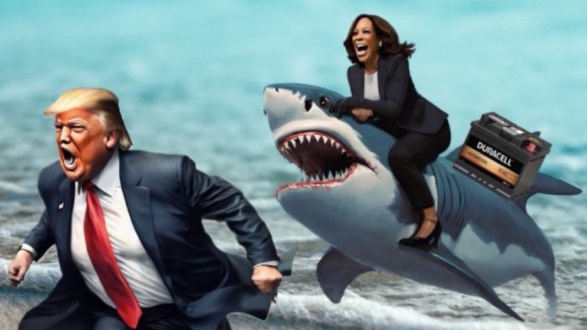 This Video Of A Shark-Riding Kamala Chasing Donald Down The Beach Is ...